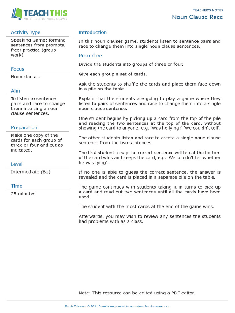 Noun Clause Race | PDF | Sentence (Linguistics) | Clause