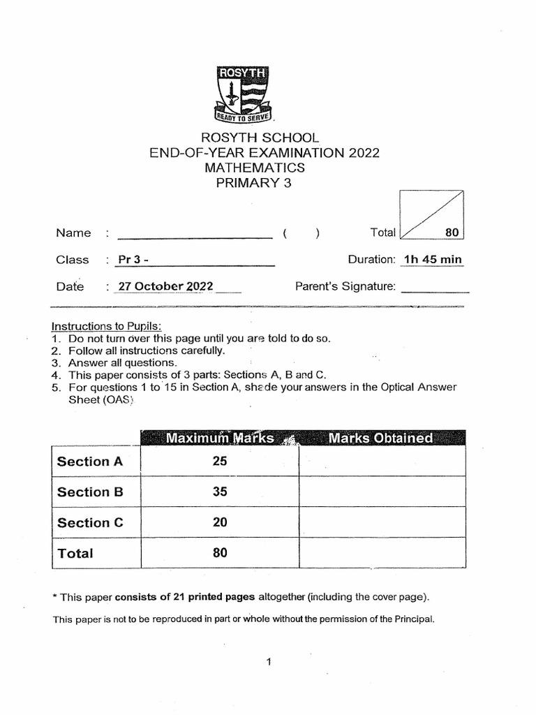 P3 Maths 2022 Rosyth EOY Papers | PDF