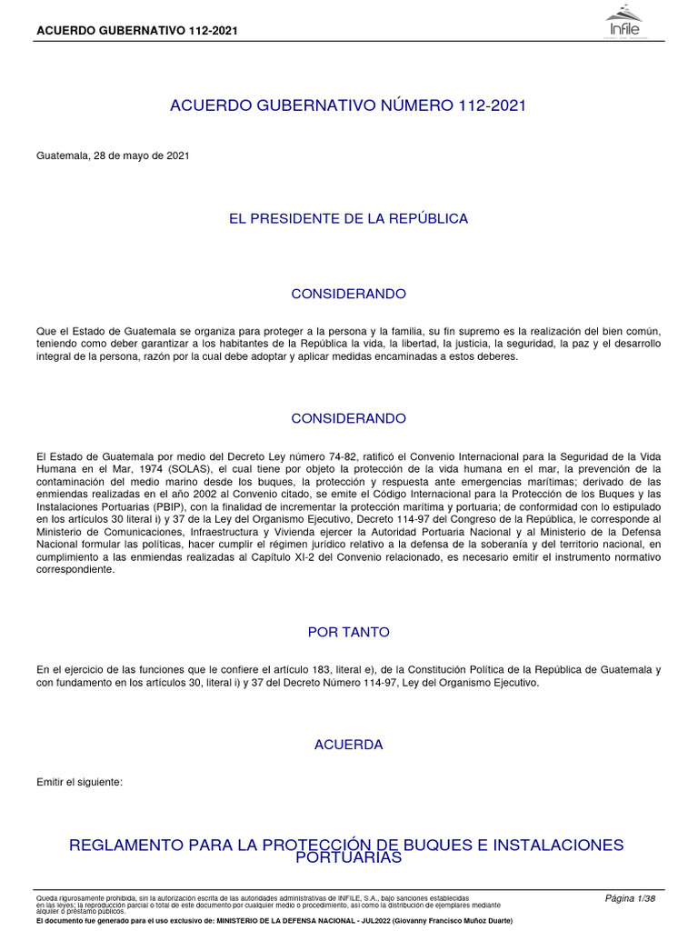 95 Acuerdo Gubernativo 112-2021 Reglamento para La Protección de Buques e Instalciones ...