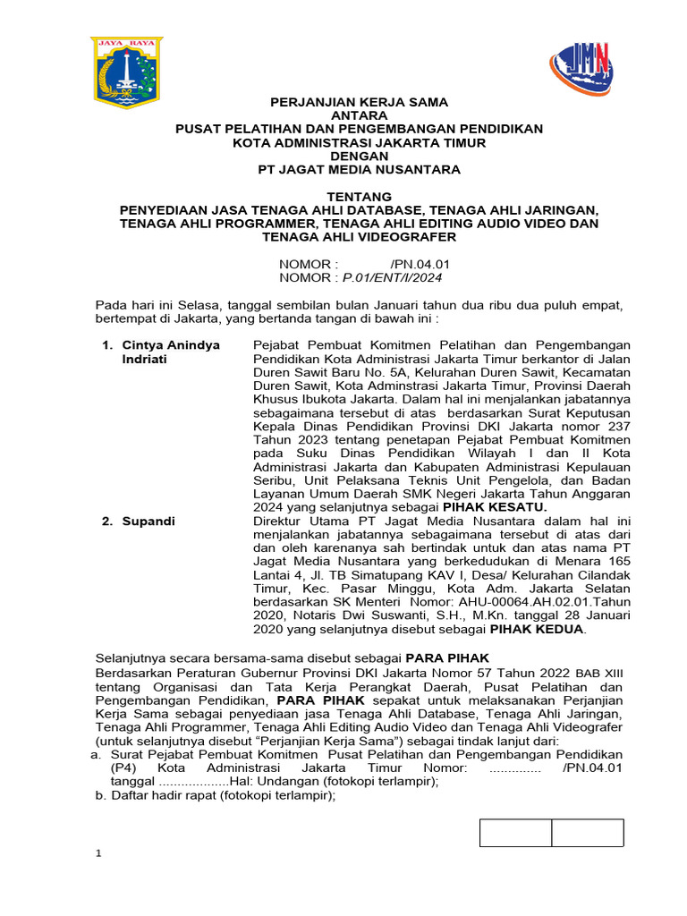 PKS P4 Kota Administrasi Jakarta Timur Dan PT JMN Tahun 2024 - Print | PDF