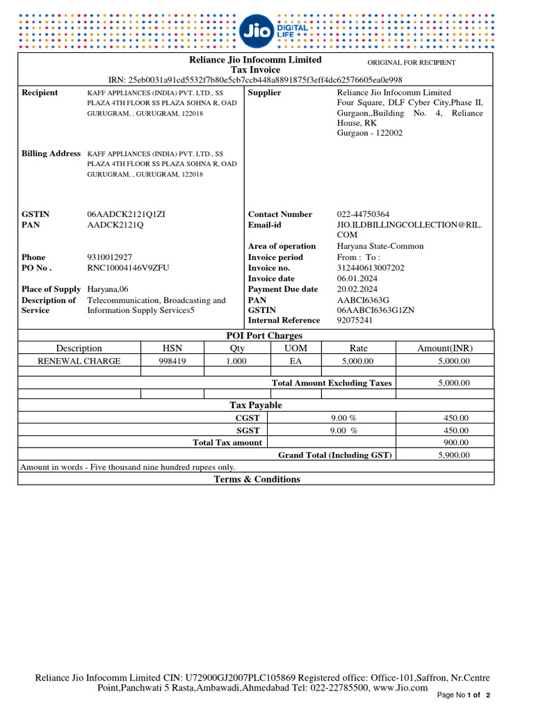 Reliance Jio Tax Invoice for KAFF Appliances | PDF | Invoice | Economies