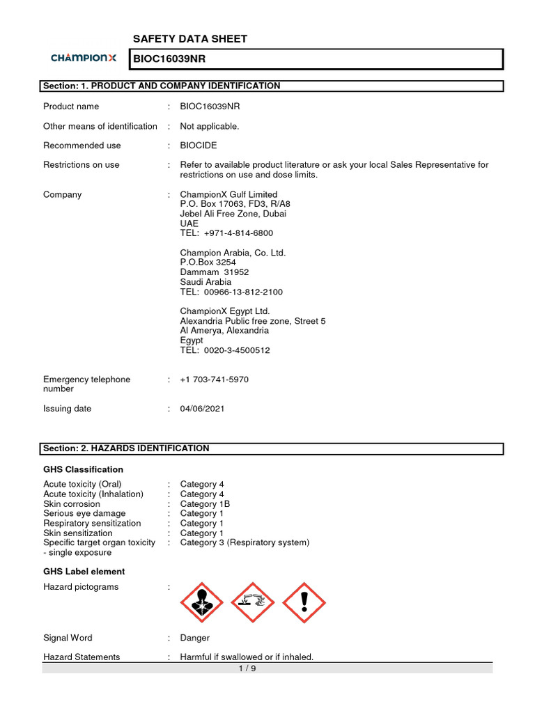 Biocide BIOC16039NR Safety Data | PDF | Personal Protective Equipment ...
