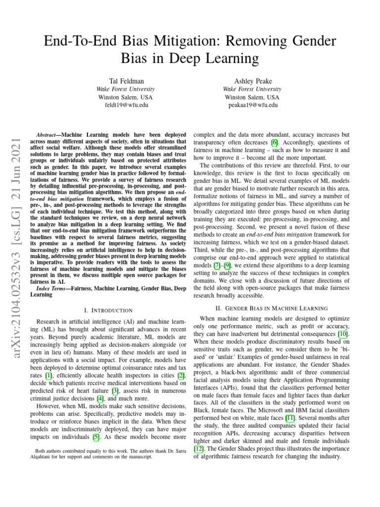 End-To-End Bias Mitigation: Removing Gender Bias in Deep Learning | PDF | Machine Learning ...