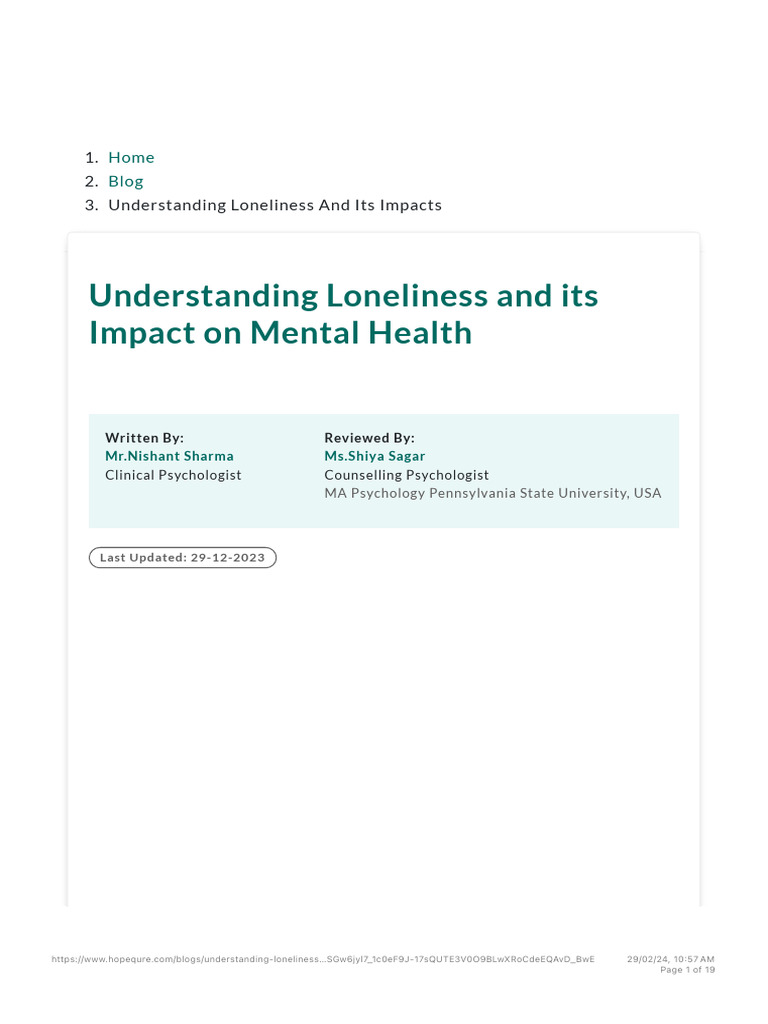 Understanding Loneliness and Its Grip On Mental Health | PDF ...