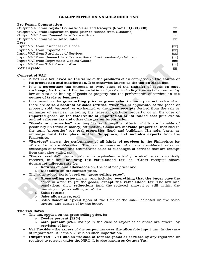 Bullet Notes 8 - Value Added Tax | PDF | Value Added Tax | Taxes