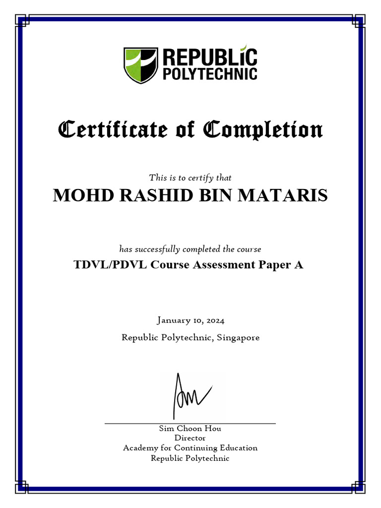 TDVL/PDVL Course Completion Certificate | PDF
