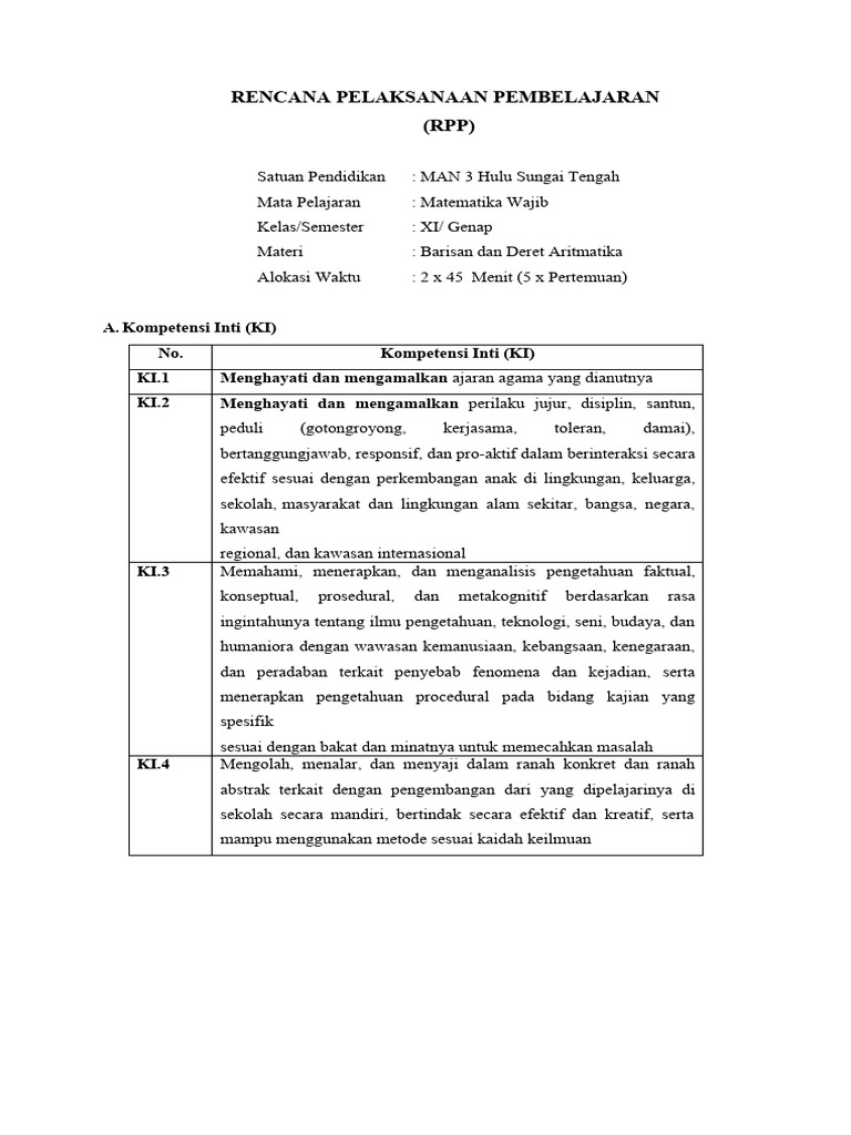 RPP Barisan Dan Deret Kelas Xi Sem 2 | PDF | Metode & Bahan Ajar