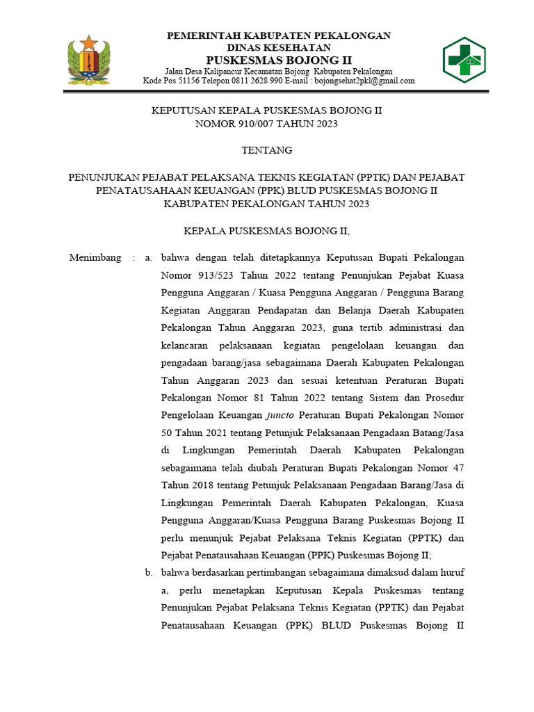 SK. Penunjukan Pejabat Keuangan Dan PPTK BLUD Tahun 2023 | PDF