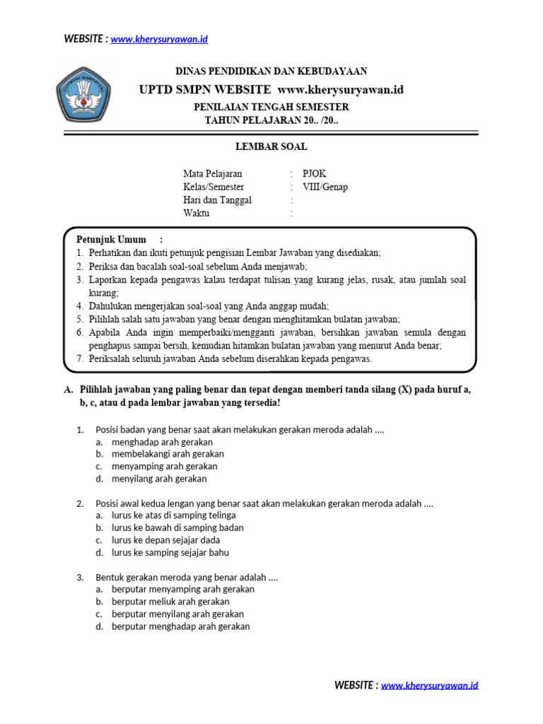 Soal PTS 2 PJOK Kelas 8 Genap - WEBSITE WWW - Kherysuryawan.id | PDF | Olahraga & Rekreasi