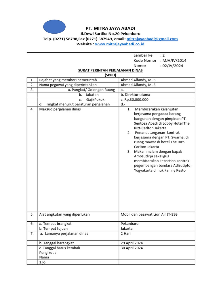 Contoh SPPD Perjalanan Dinas Pimpinan | PDF