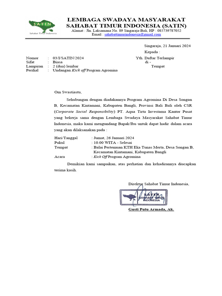 03 Surat Undangan Kick Off Program Agromina Batur | PDF