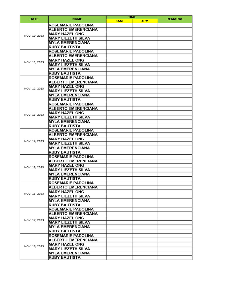 Sweepers Attendance Sheet 2024 | PDF