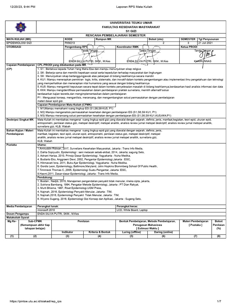 Laporan RPS Mata Kuliah Epid Gizi Sem Ganjil 2023 | PDF