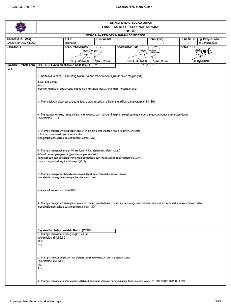 Laporan RPS Mata Kuliah Dasar Epid Sem Genap 2022 | PDF