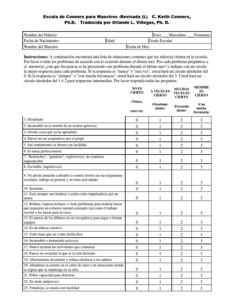 Escala Conners para Evaluación Escolar | PDF