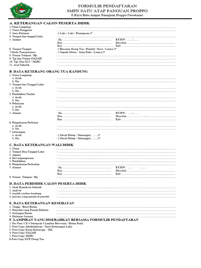 Formulir Pendaftaran | PDF | Griya & Taman