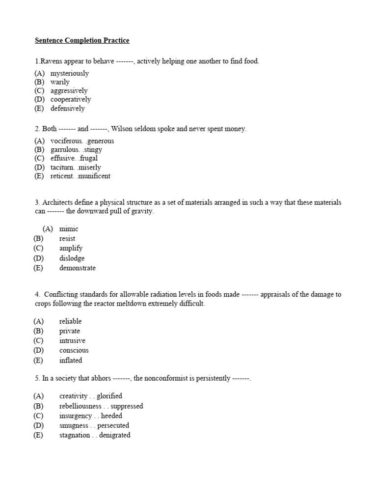 SAT Sentence Completion Exercises | PDF | Accuracy And Precision | Question