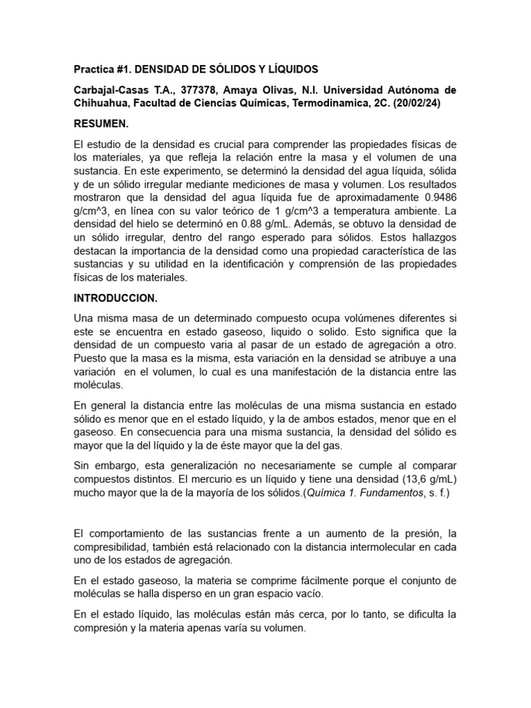Practica 1 Densidad de Solidos y Liquidos. 377378 | PDF | Densidad | Gases