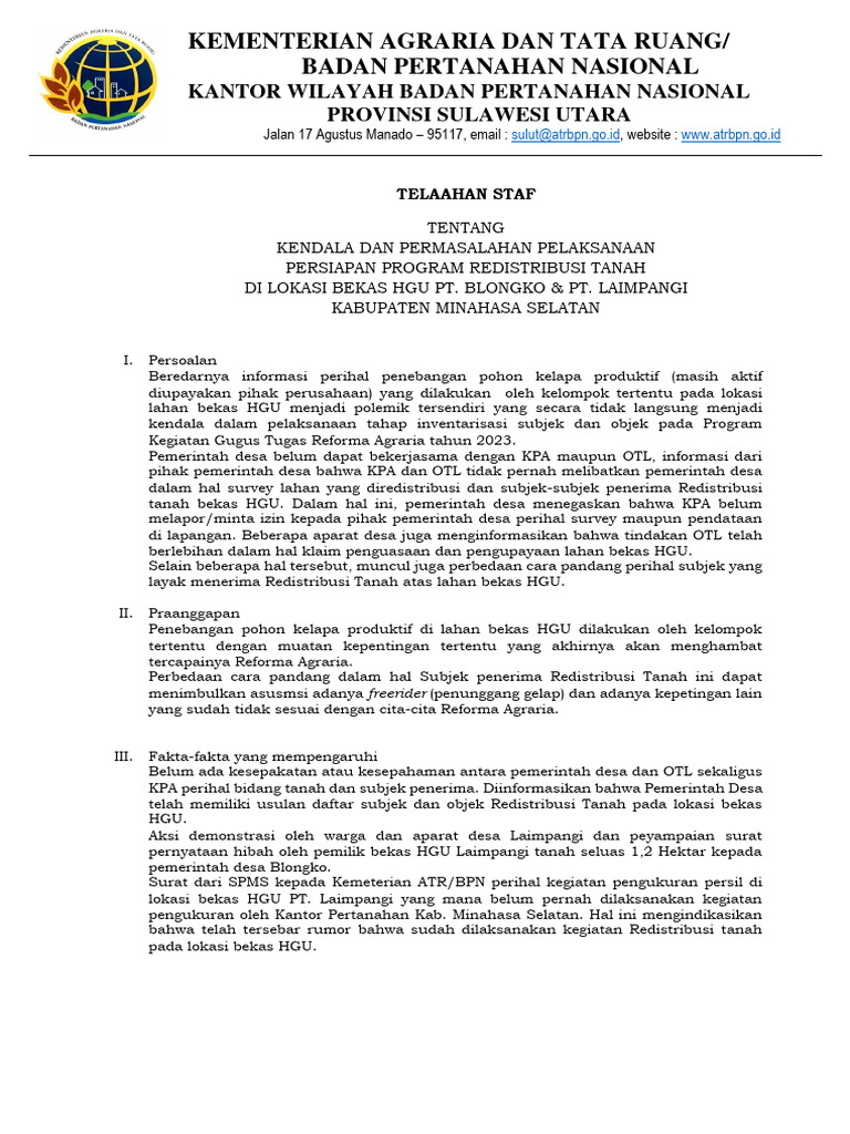 Telaahan Staff - Hgu Laimpangi | PDF