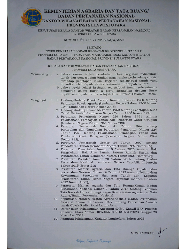 SK REVISI PENETAPAN REDISTRIBUSI TANAH PROVINSI SULAWESI UTARA TAHUN 2023 BPN Sulut | PDF