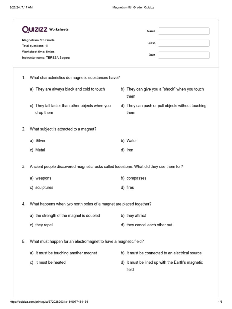 Magnetism 5th Grade - Quizizz | Download Free PDF | Magnetism | Magnet