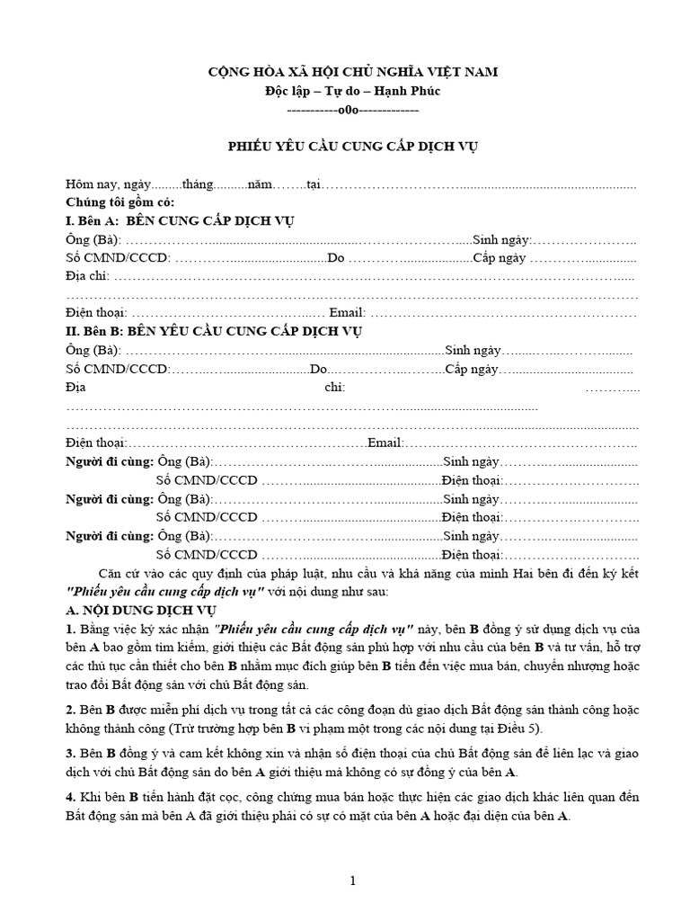 Phiếu Yêu Cầu Cung Cấp Dịch Vụ | PDF