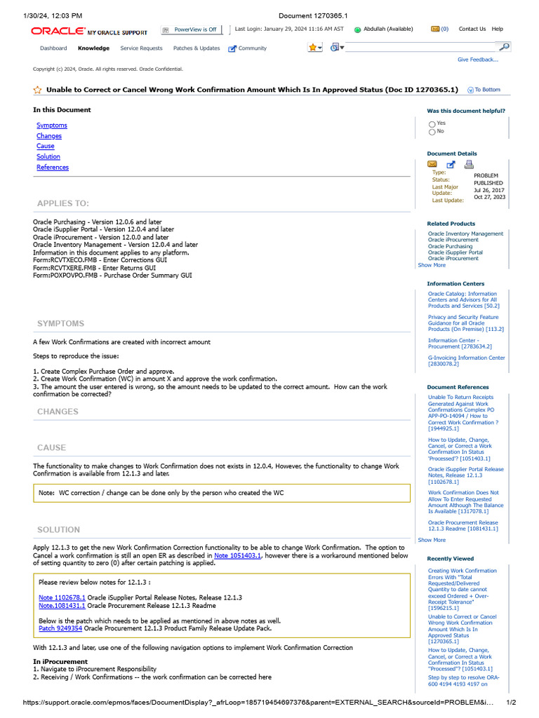 Unable To Correct or Cancel Wrong Work Confirmation Amount Which Is in ...