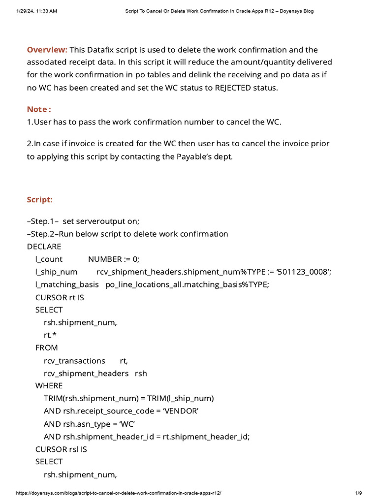 Script To Cancel or Delete Work Confirmation in Oracle Apps R12 ...