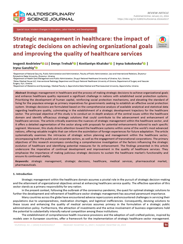 Strategic Management in Healthcare The Impact of S | PDF | Health Care | Strategic Management
