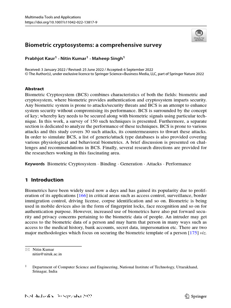 Comprehensive Survey on Biometric Cryptosystems | PDF | Biometrics | Cryptography