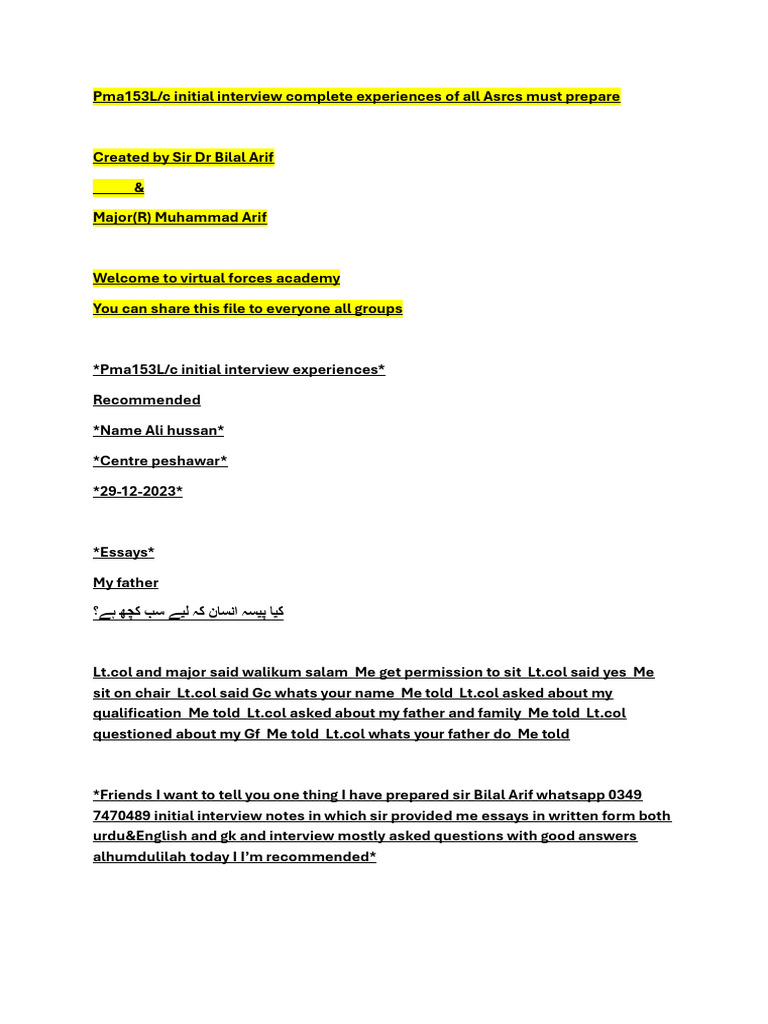 Pma153Lc Initial Interview Complete Experiences All Asrc-2 | PDF