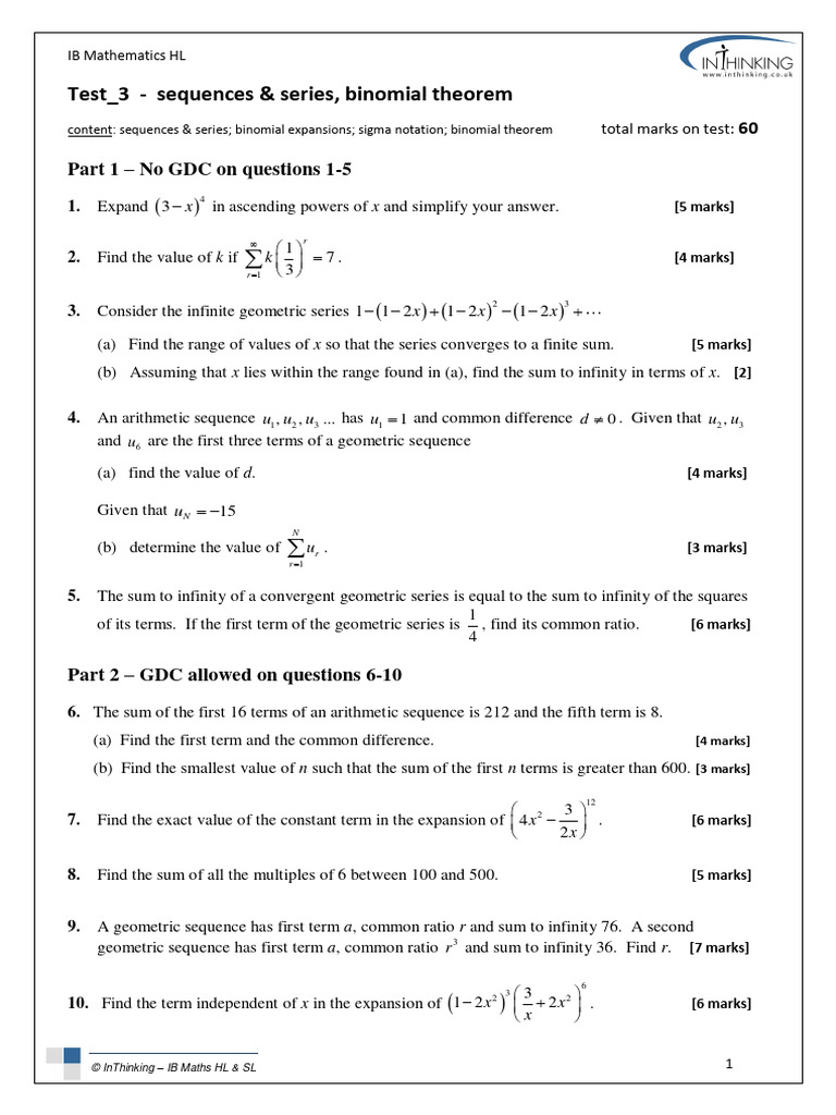 Test3 HL Seq Series Bin THM v1 | PDF | Sequence | Summation