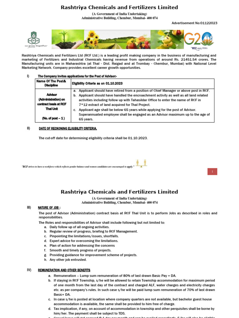 Advisor Position at RCF Thal Unit | PDF | Employment | Employee Benefits