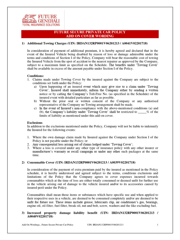 Future Secure Private Car Package Policy Add On Wordings | PDF ...