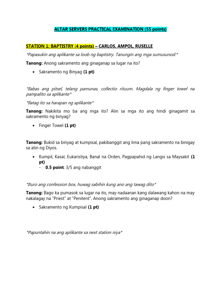 Altar Servers Practical Examination 2022 | PDF