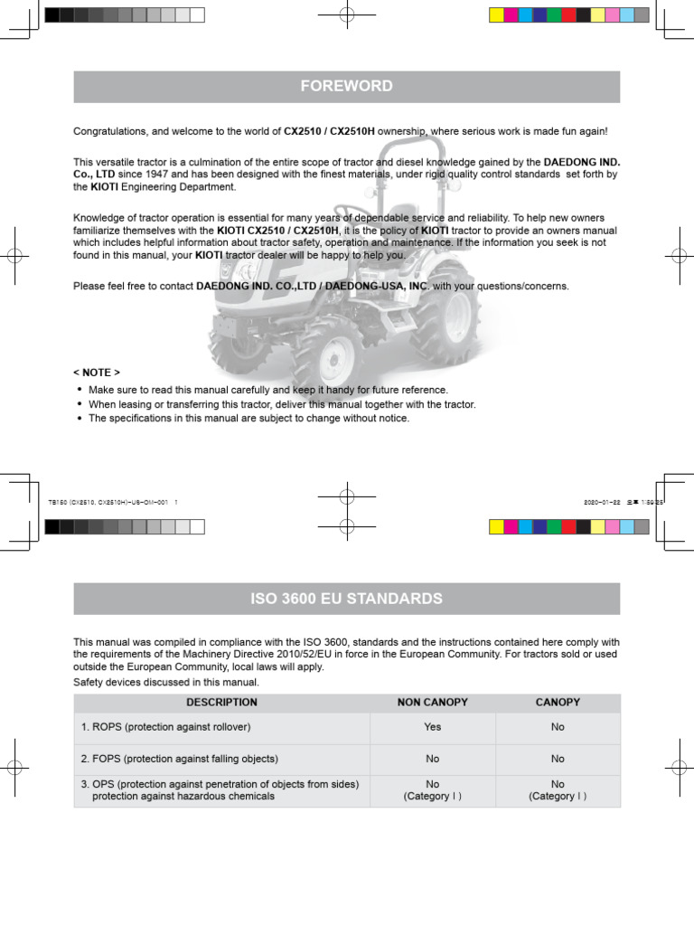 Kioti CX2510, CX2510H Tractor Operator's Manual | PDF