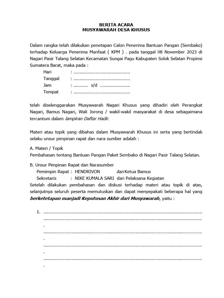 Berita Acara Musdessus | PDF