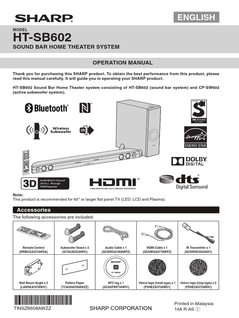 Sharp HT-SB602 User Manual | PDF | Hdmi | Ac Power Plugs And Sockets