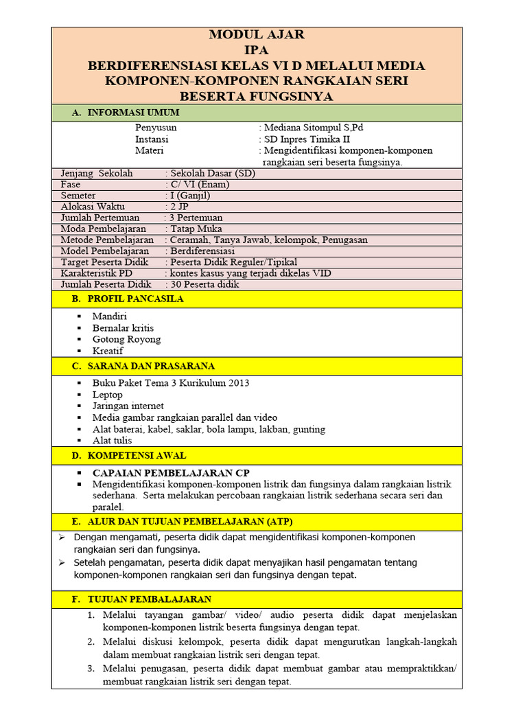 Modul Ajar Berdiferensiasi Ipa Kelas 6D Rangkaian Seri | PDF
