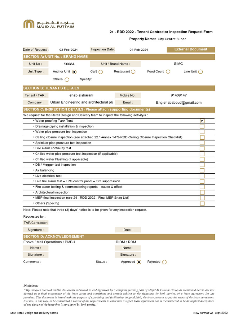 21 - RDD 2022 - Tenant Contractor Inspection Request Form | PDF | Lease