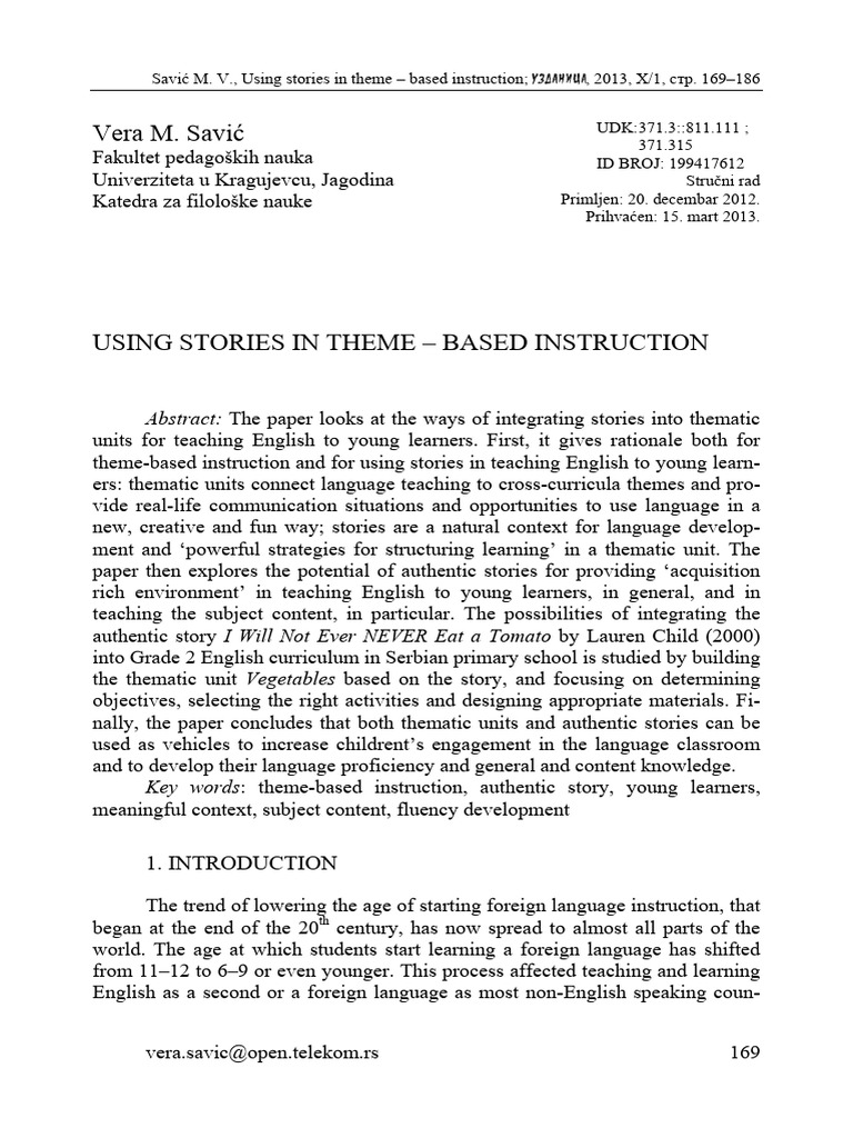 Vera M. Savić USING STORIES IN THEME - BASED INSTRUCTION | PDF ...