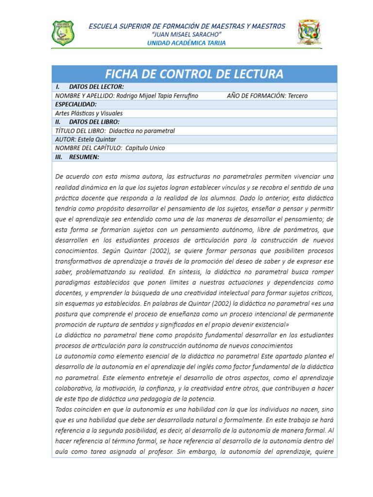 Rodrigo Tapia - Ficha de Control de Lectura DNP | PDF | Aprendizaje | Enseñando