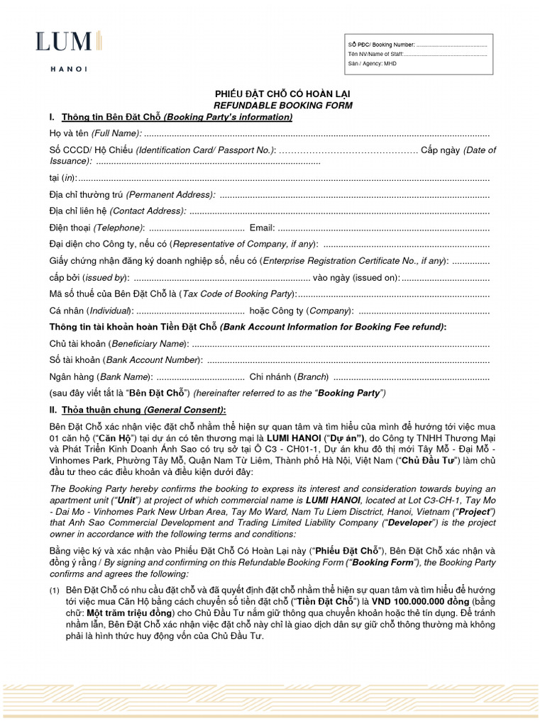 Booking Form KH Cá Nhân D Án LUMI | PDF