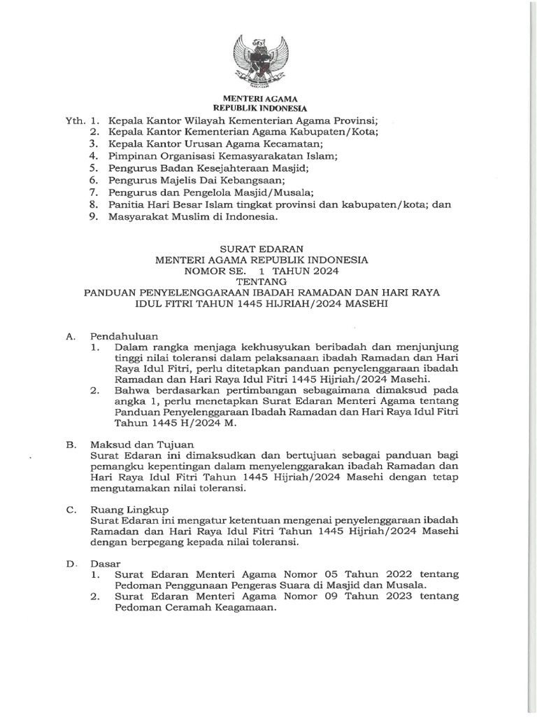 Surat Edaran Menteri Agama No 1 Tahun 2024 | PDF