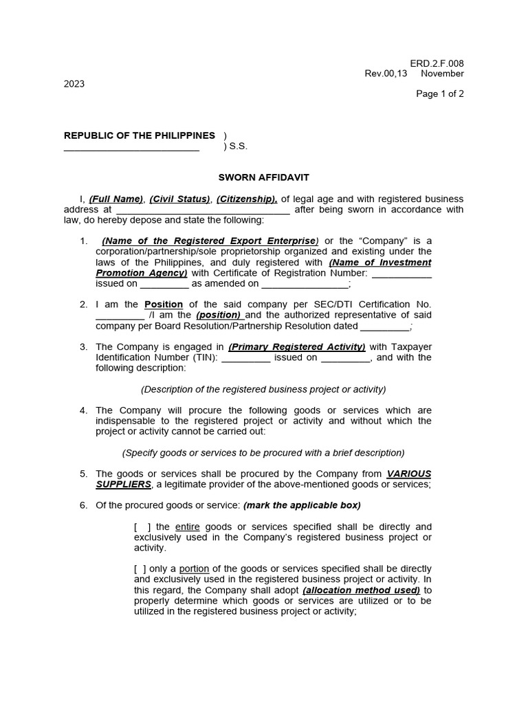 Sworn Affidavit for Export Enterprises | PDF | Affidavit | Legal Documents