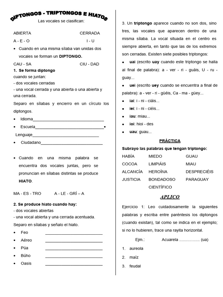 Diptongo Hiato y Triptongo para Cuarto de Primaria | PDF | Lingüística