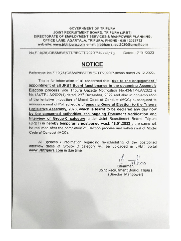 Notice For Postponement of Ongoing Document Verification & Interview of ...