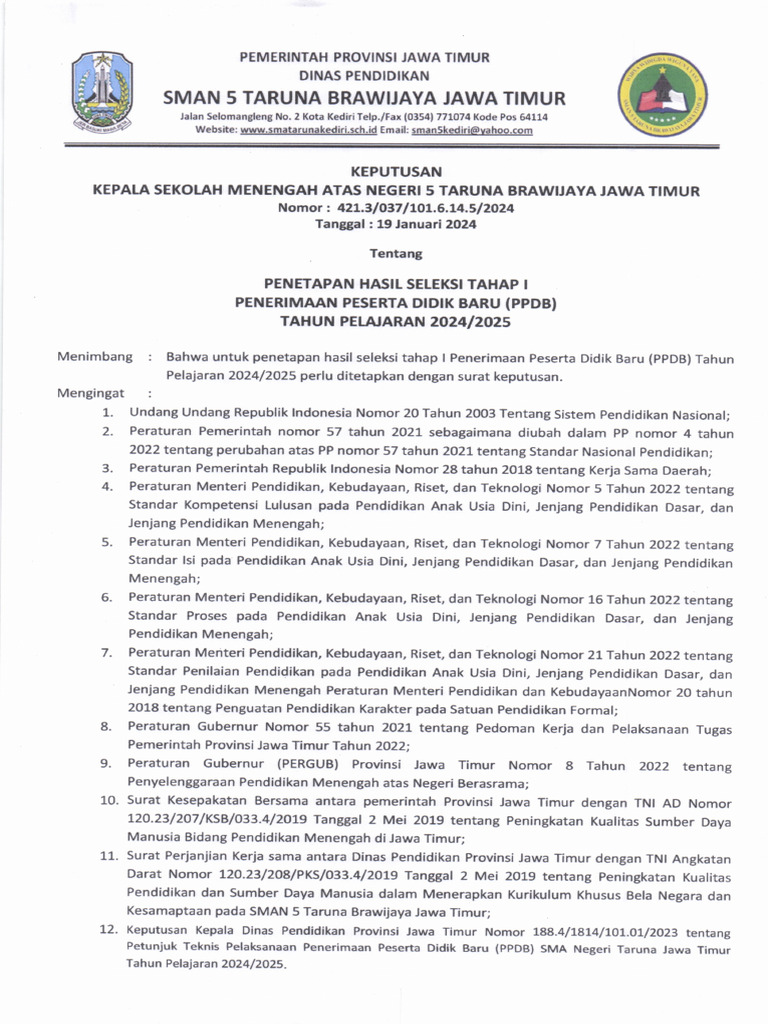 Hasil Seleksi PENTAB TAHAP 1 SMATAJAYA 2024-1 | PDF