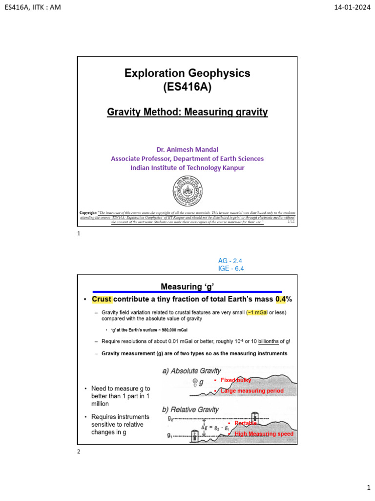 Lec3-4 ES416A GravityMethod 2023-24-II | PDF | Applied And Interdisciplinary Physics | Metrology