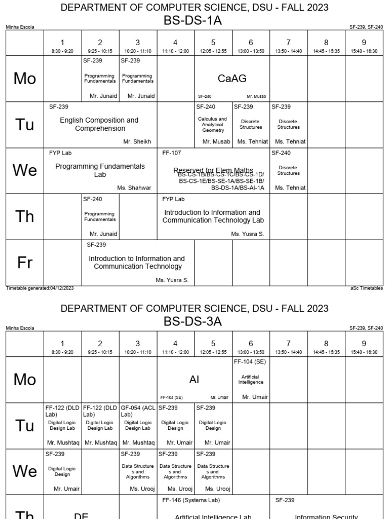 BSDS Timetable v6 | PDF | Cognitive Science | Science